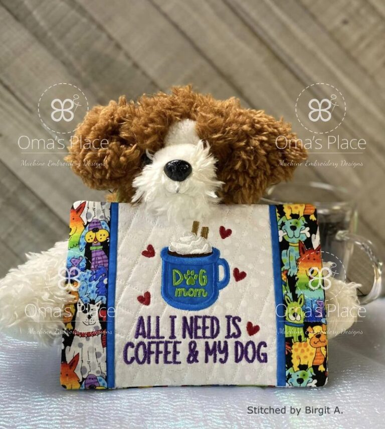 Coffee and Dog Mug Rug · Oma’s Place Machine Embroidery Designs