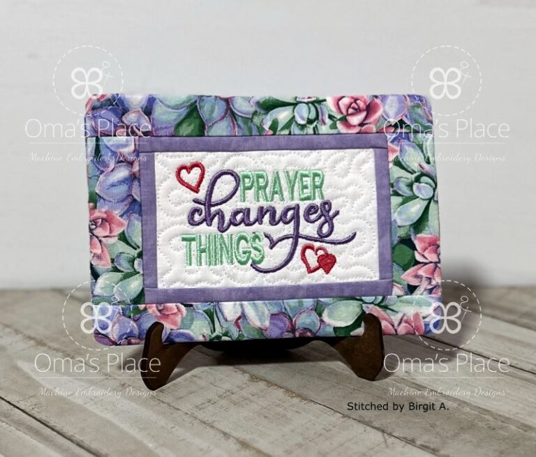 Prayer Changes Mug Rug · Oma’s Place Machine Embroidery Designs