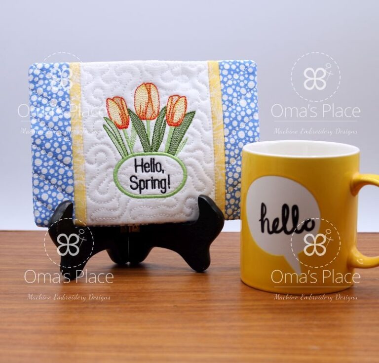 Hello Spring Mug Rug · Oma’s Place Machine Embroidery Designs